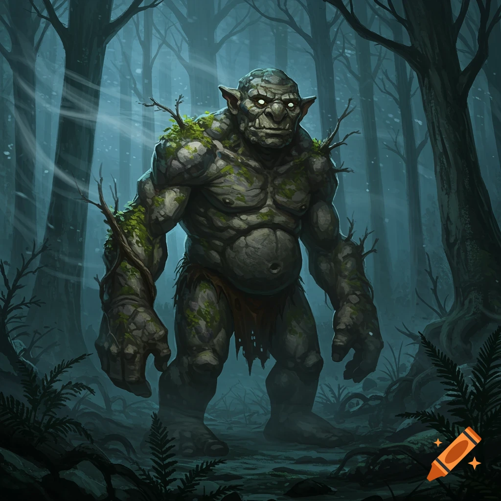 A towering, moss-covered "Forest Brute" with glowing red eyes and a ...