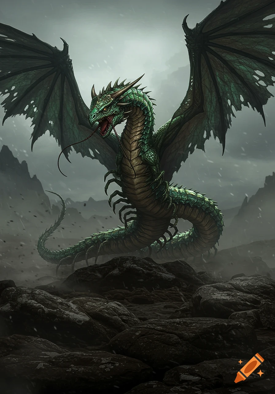A menacing green centipede dragon with large wings stands on a rocky ...