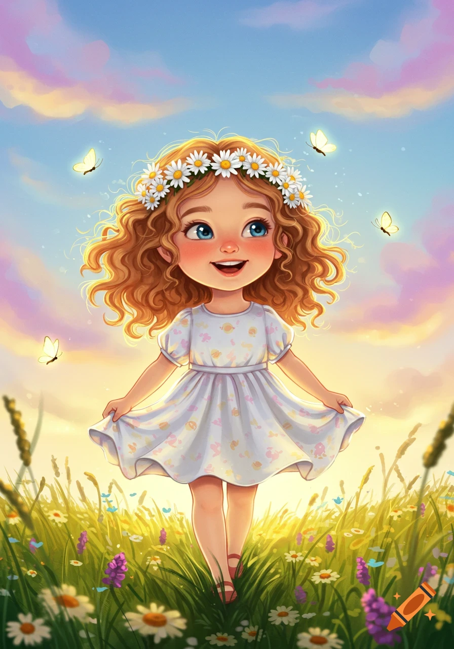 A smiling cartoon girl with curly hair and daisies in a yellow dress ...