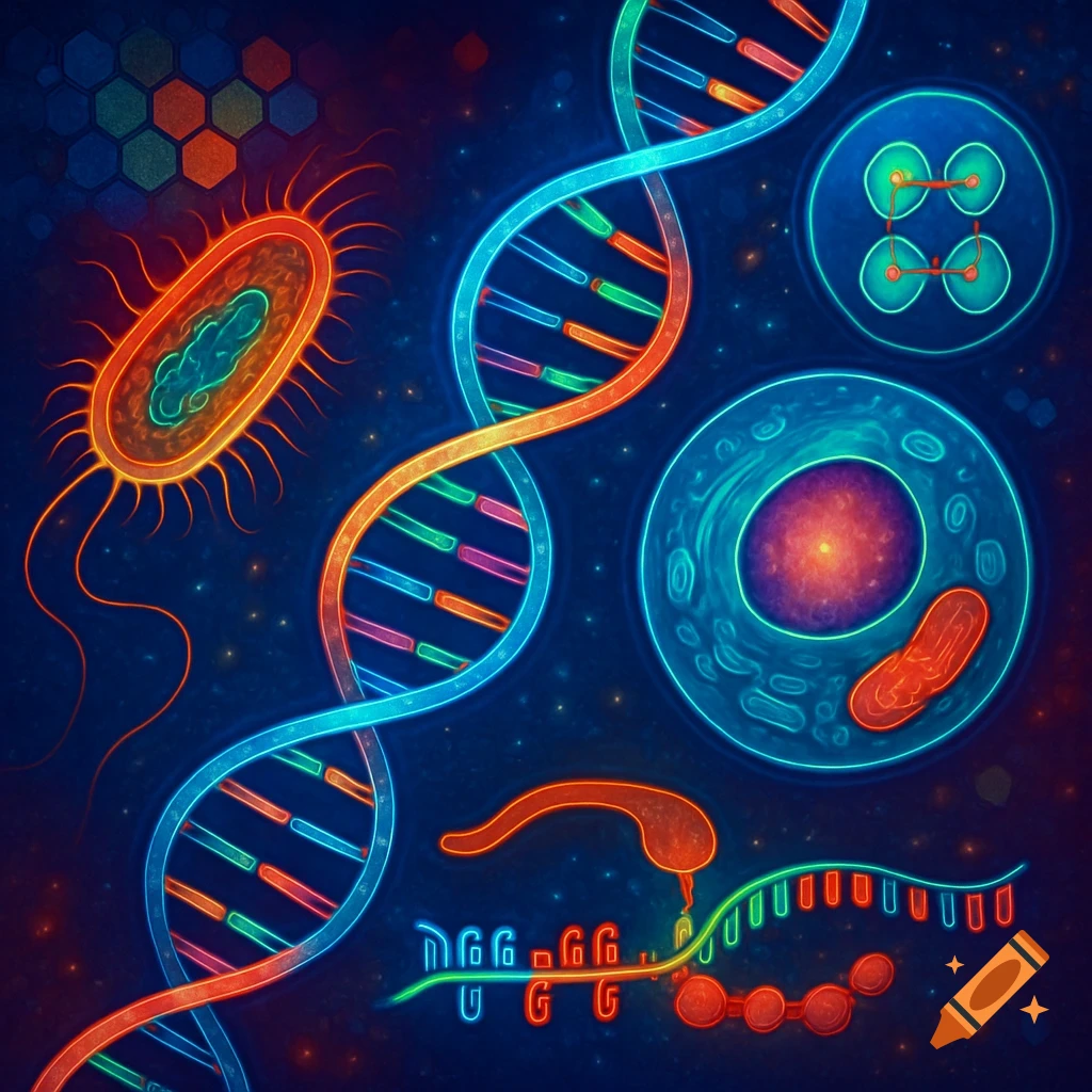 Neon-lit abstract illustration of biological concepts: a DNA helix, a ...