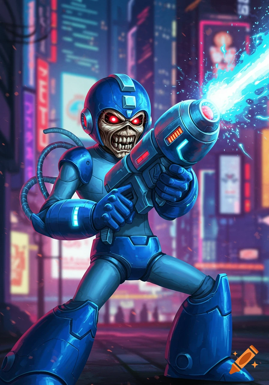 Iron Maiden's Eddie the Head dressed as Mega Man, firing a blue beam ...