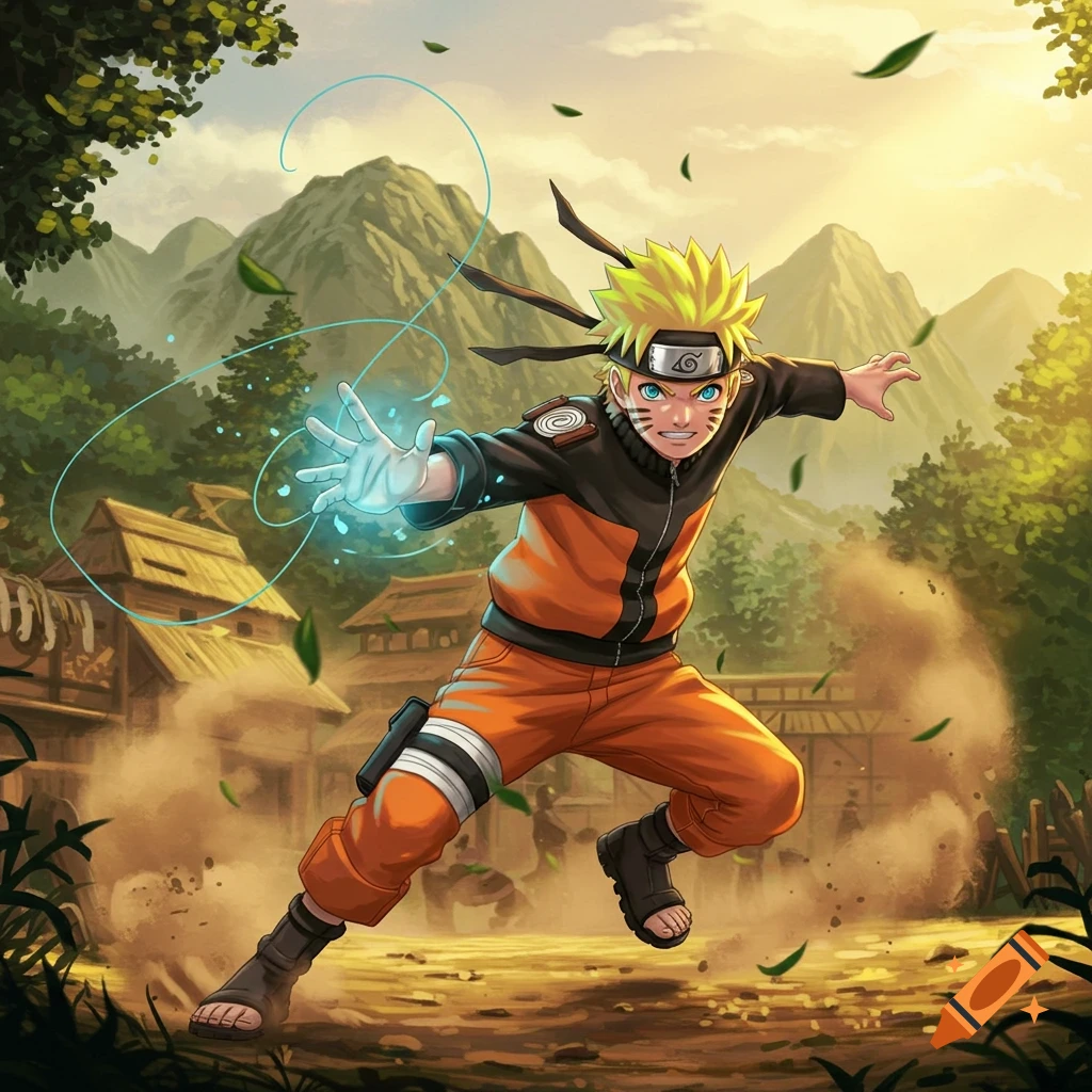 Naruto Uzumaki charging a blue power in an anime style, with a village ...
