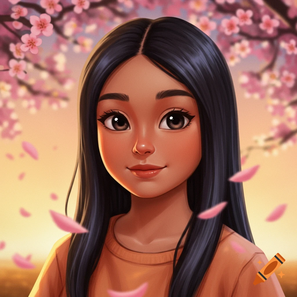 Stylized illustration of a girl's avatar with long black hair, tan skin ...