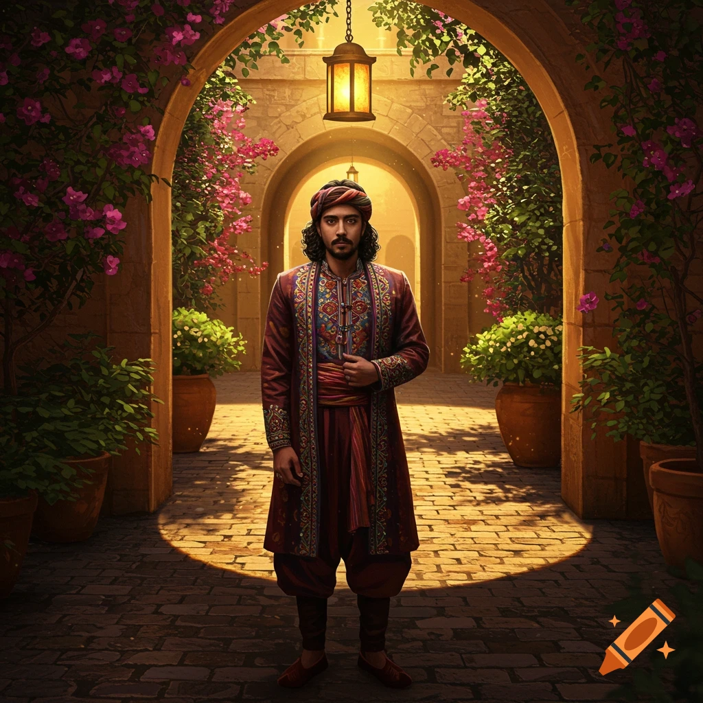 A man with dark curly hair and a beard, wearing a patterned red tunic ...