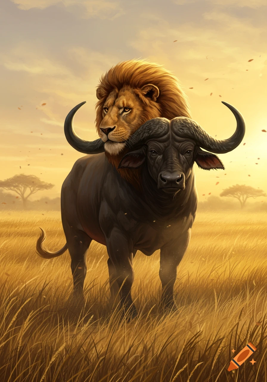 A majestic creature with a lion's head and mane on a water buffalo's ...
