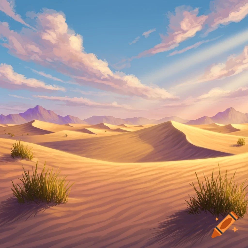 Stylized desert landscape with sand dunes, distant mountains, and a ...