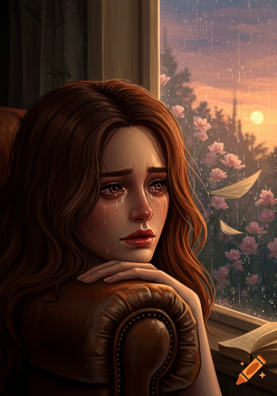 Digital illustration of a crying woman with long dark hair embracing a ...