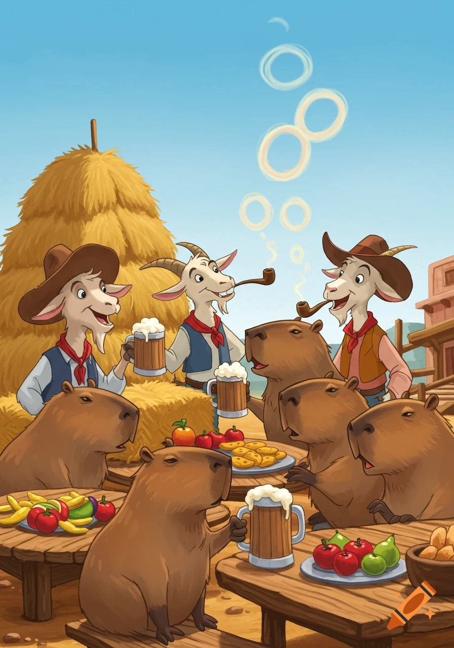 Cartoon goats in cowboy hats and capybaras drink beer, smoke pipes, and ...