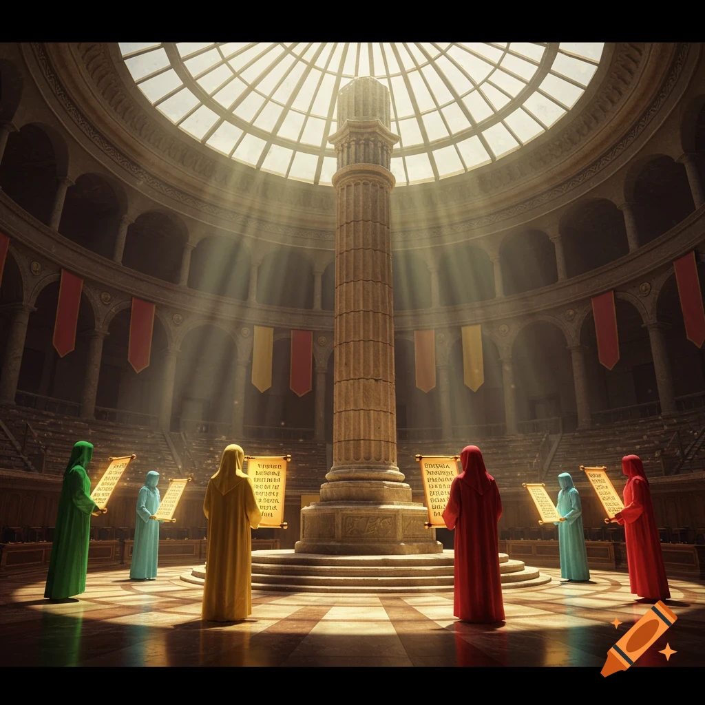 Robed figures stand in a grand domed hall with a large central pillar ...