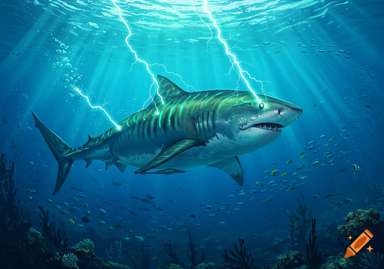 A powerful tiger shark with glowing green stripes swims underwater ...