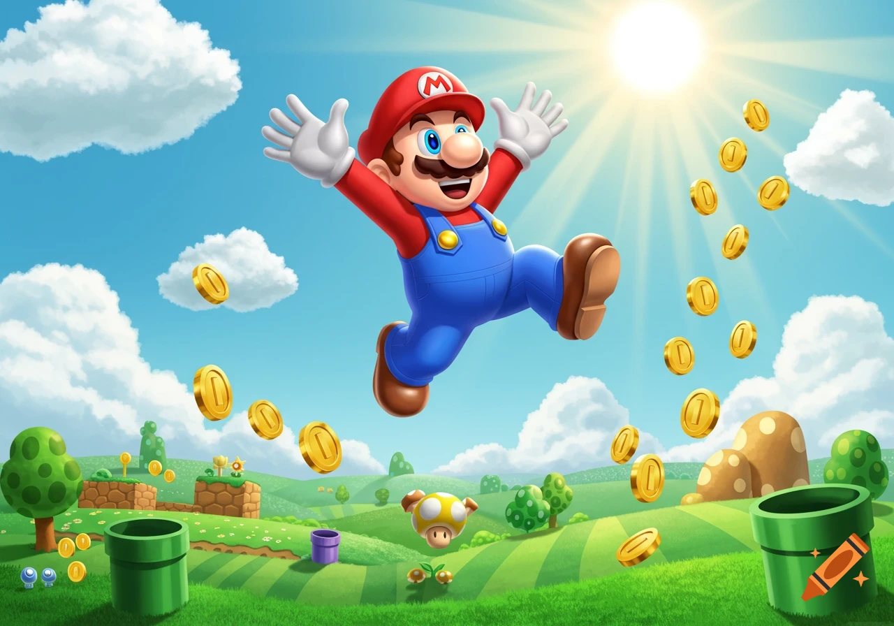 Mario jumps excitedly amidst golden coins in a vibrant pixel art ...
