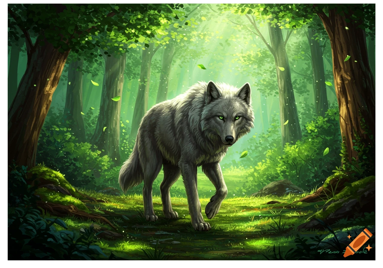 A majestic silver-gray wolf with glowing green eyes walks through a ...