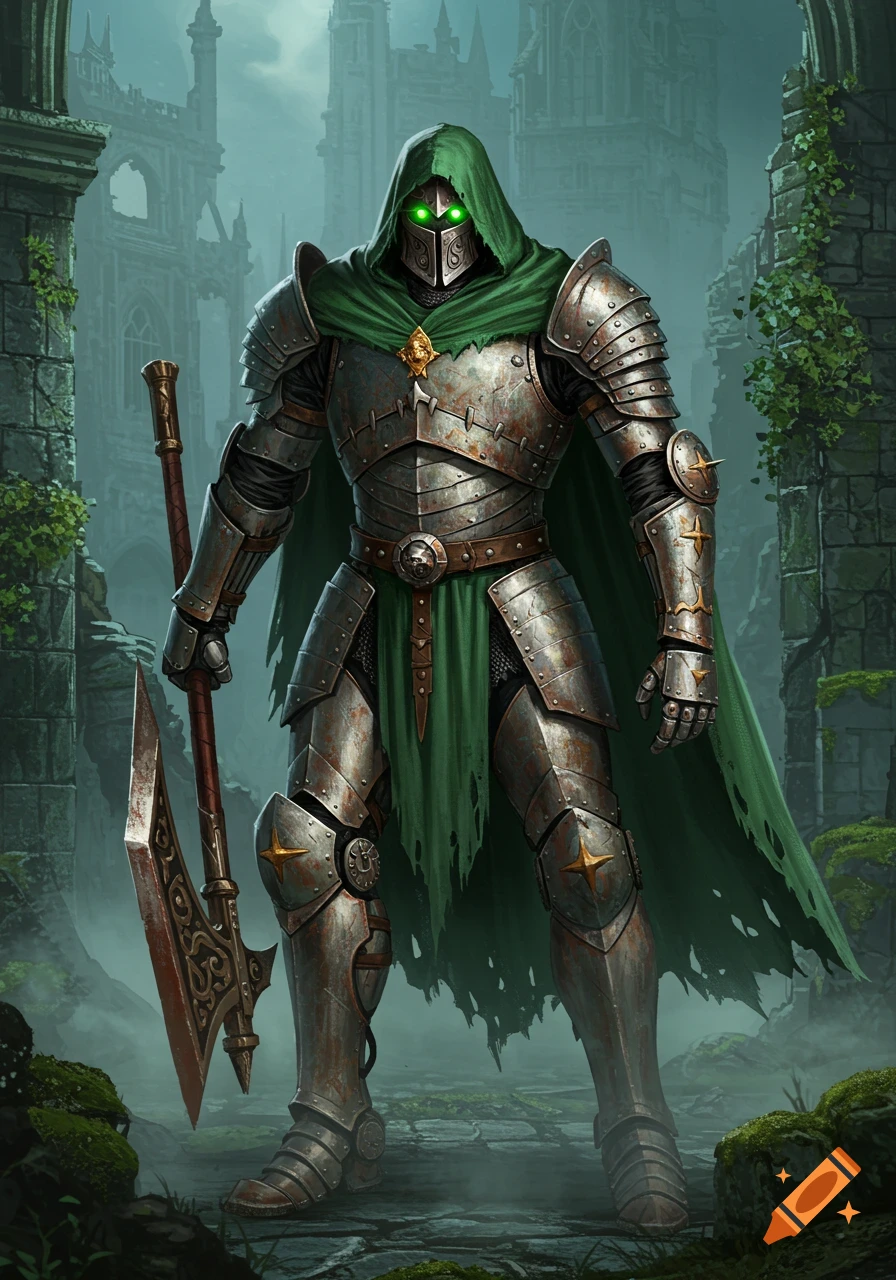 A knight in weathered armor and a green hood with glowing green eyes ...
