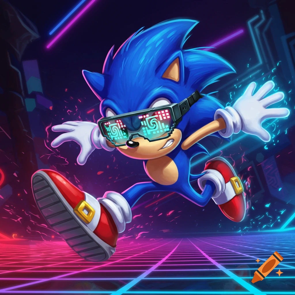 Sonic the Hedgehog wearing pixelated goggles, running on a neon grid in ...