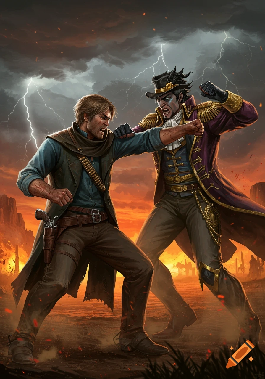 Two men, one a cowboy and the other a flamboyant villain, punch each ...