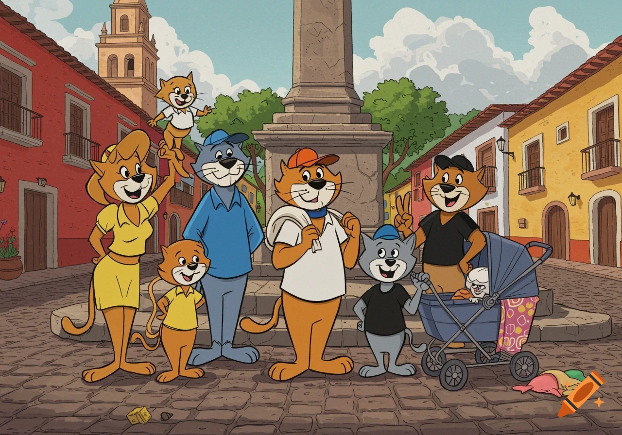 A group of cartoon anthropomorphic cats in Hanna-Barbera style stand in ...