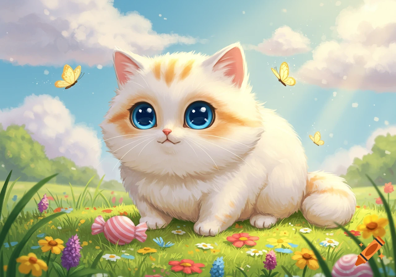 A cute orange cartoon cat with blue eyes sits in a sunny field of ...