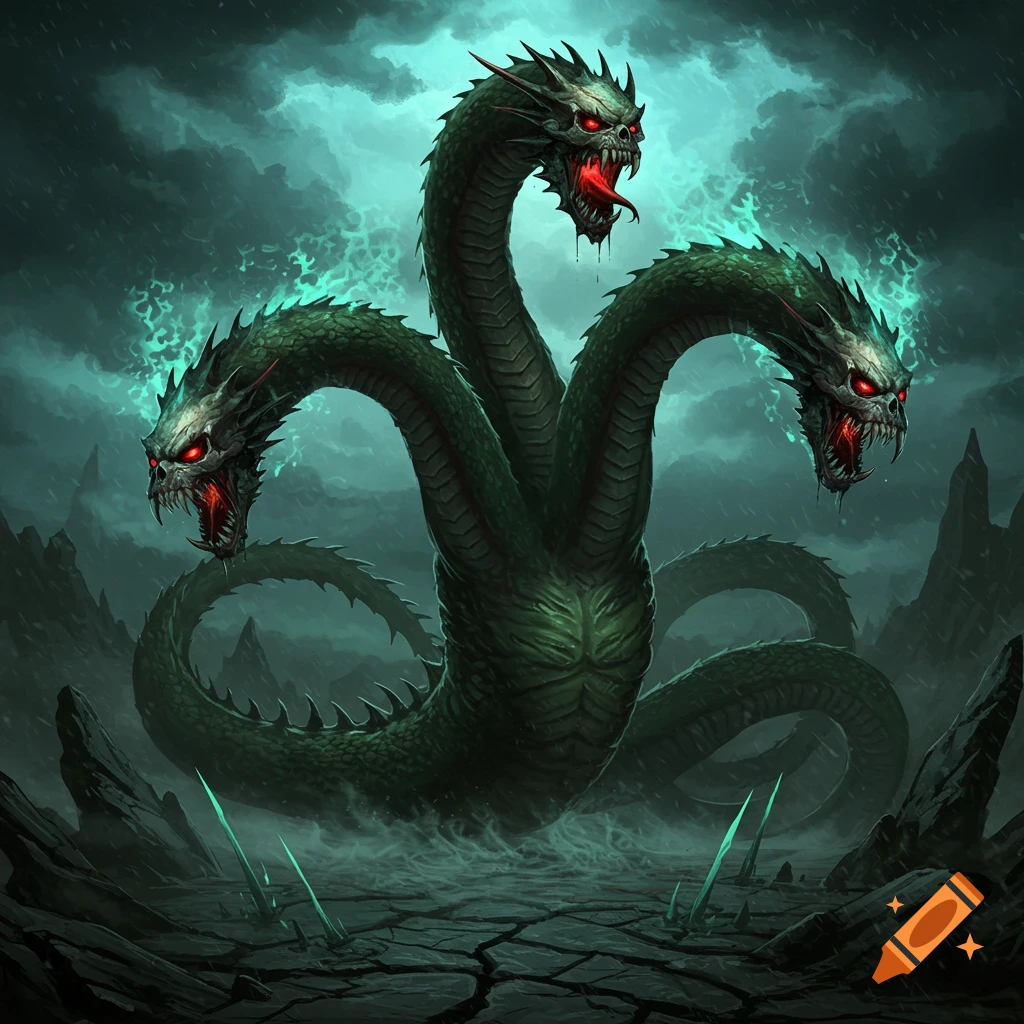 Typhon, a dark purple, multi-headed serpentine monster with glowing red ...