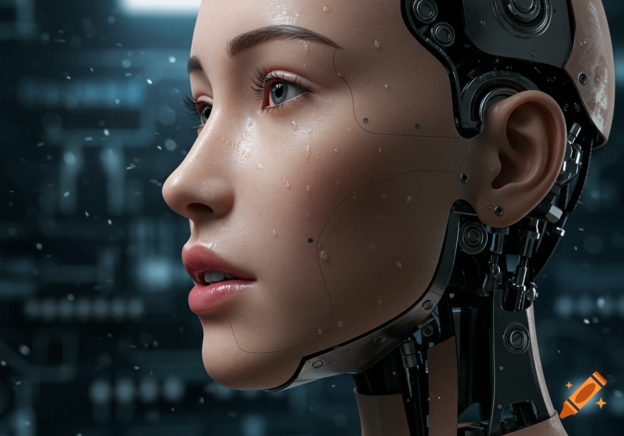 Photorealistic close-up of a female android with a half-skin, half ...