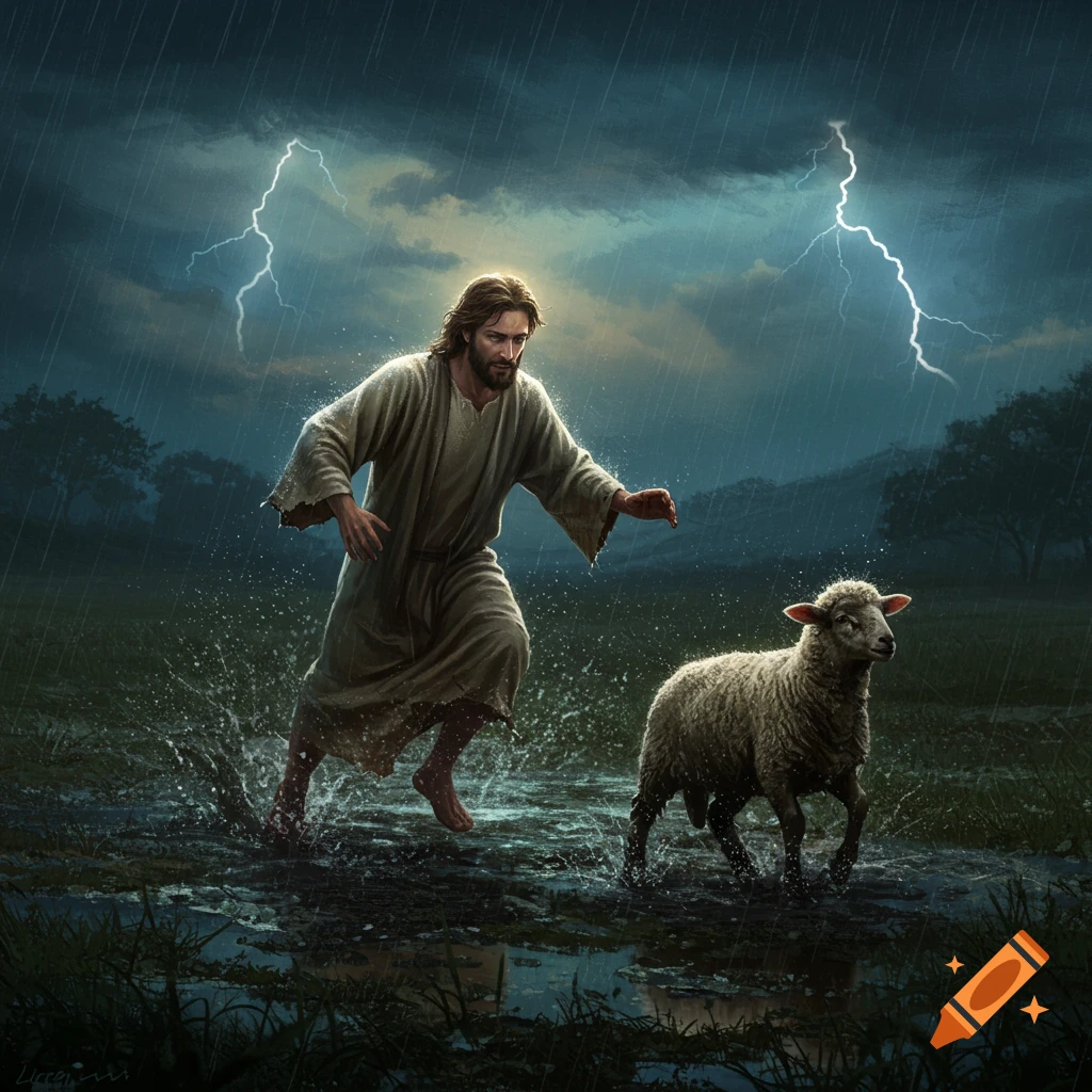 Jesus runs barefoot through a muddy field in a heavy rain and lightning ...