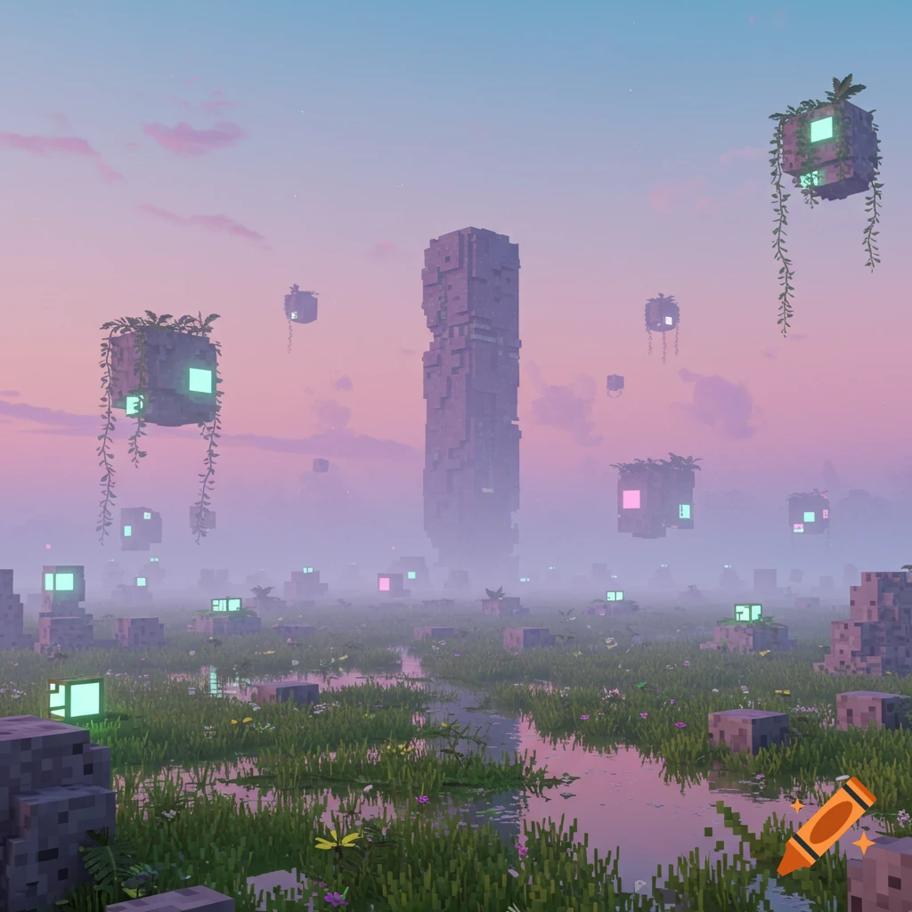 A dark, blocky Minecraft End biome with tall obsidian-like pillars ...