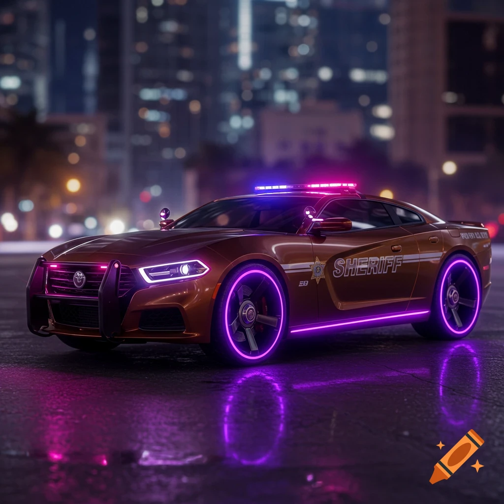 A futuristic ambulance with neon blue and purple lights drives on a wet ...