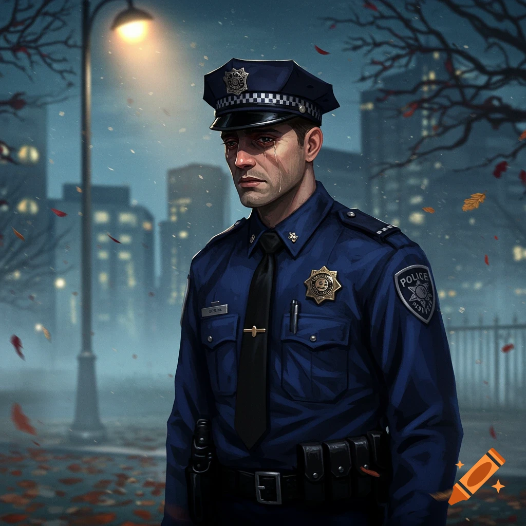 A sad police officer with tears on his face stands under a streetlamp ...