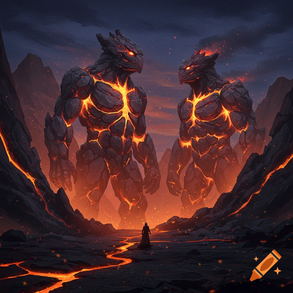 Two towering lava monsters with glowing orange cracks, resembling birds, face a small figure in ...