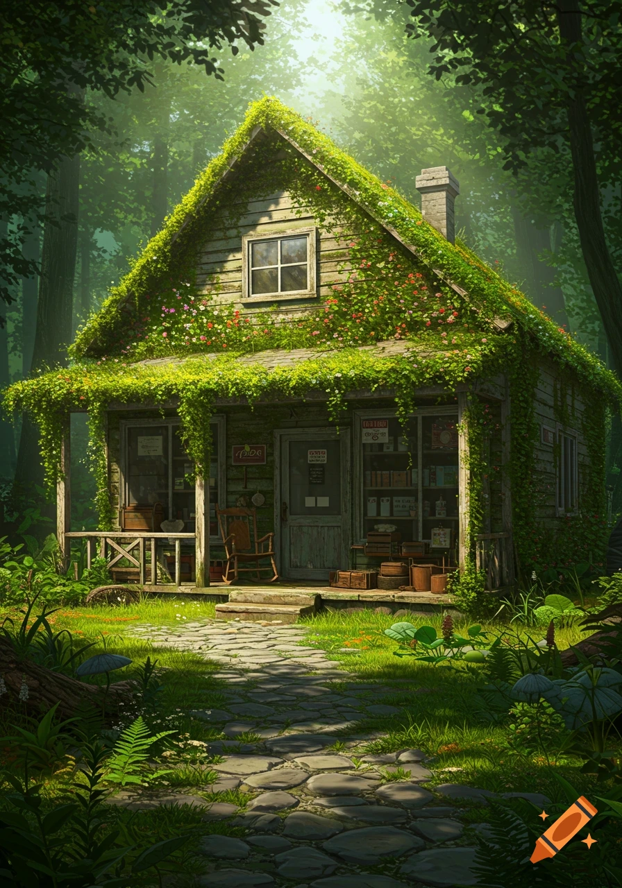 An illustration of a rustic wooden outhouse built over a clear stream ...