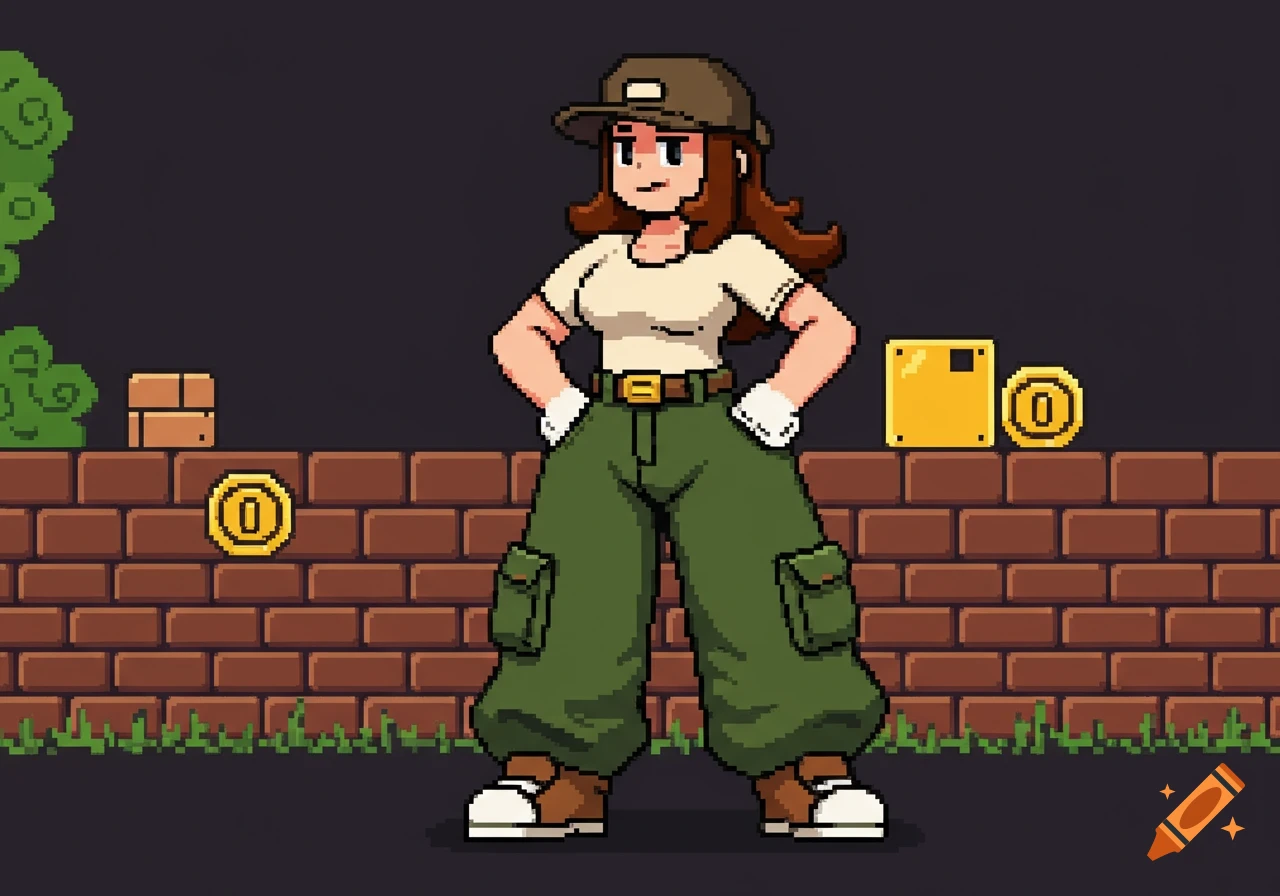 An 8-bit pixel art handgun in blue and red on a light grid background ...