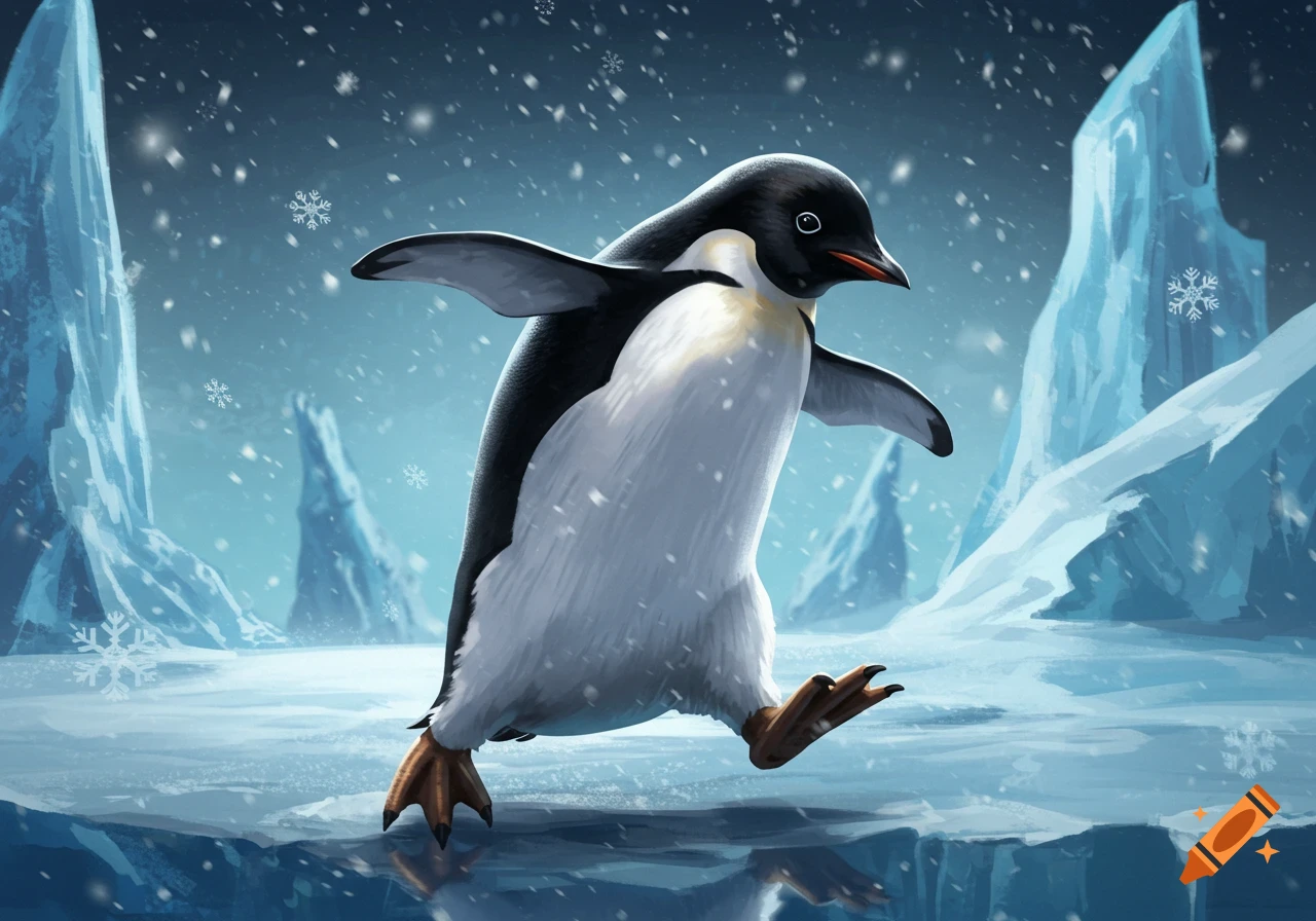 Black and white cartoon penguin in a beanie and hoodie, standing on ice ...