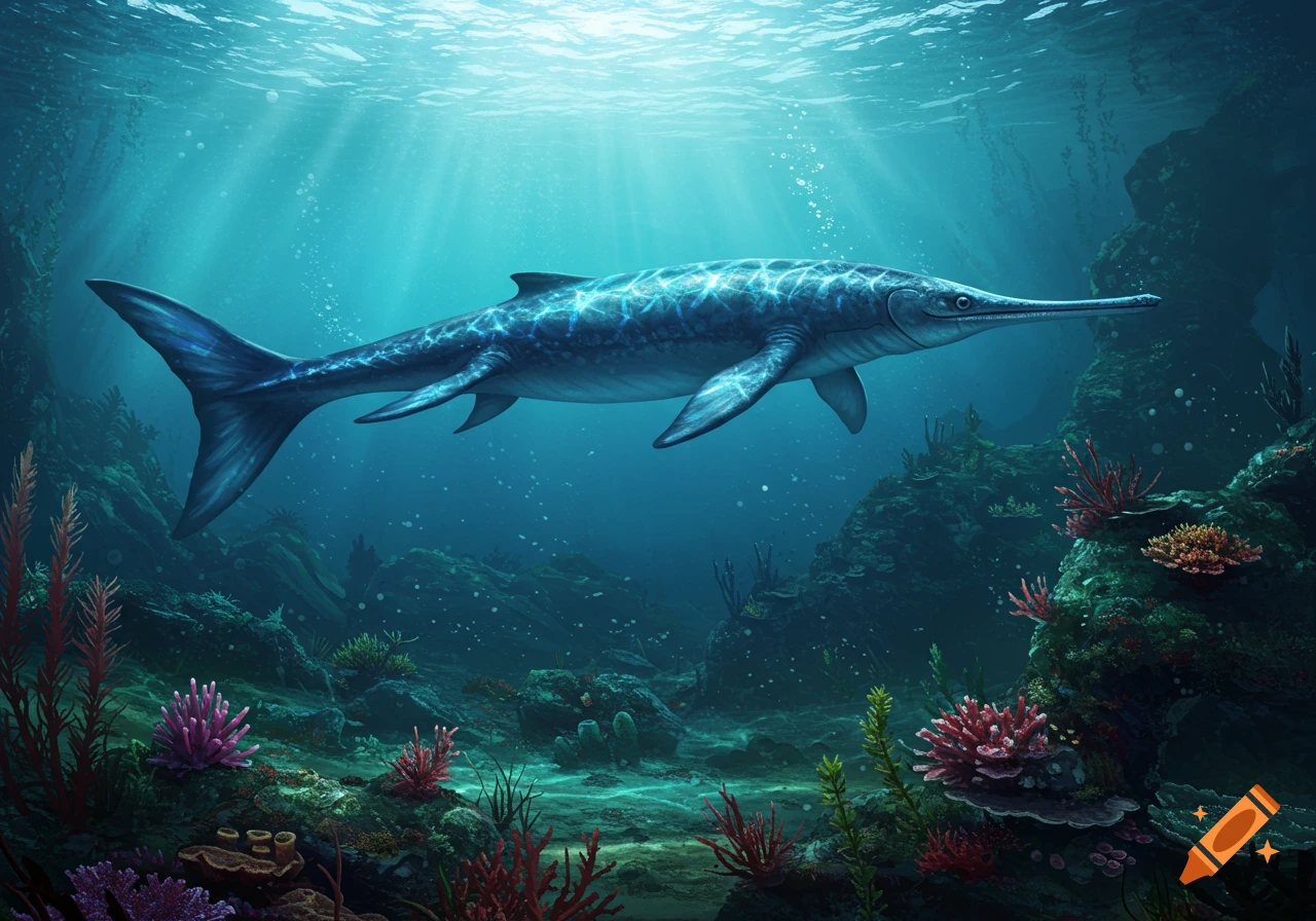 A gigantic prehistoric shark swims underwater with several whales ...