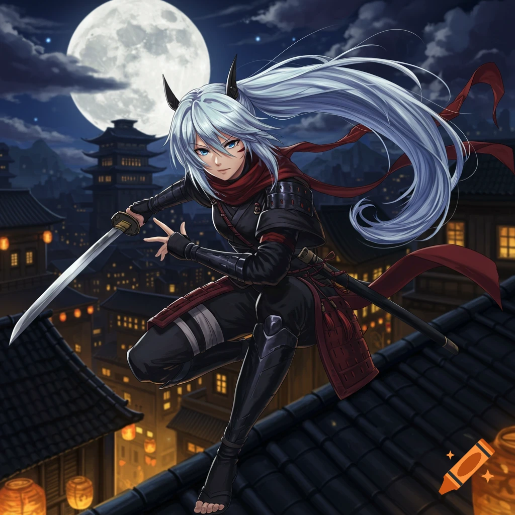 Anime ninja girl with white hair and horns, crouching on a rooftop with ...