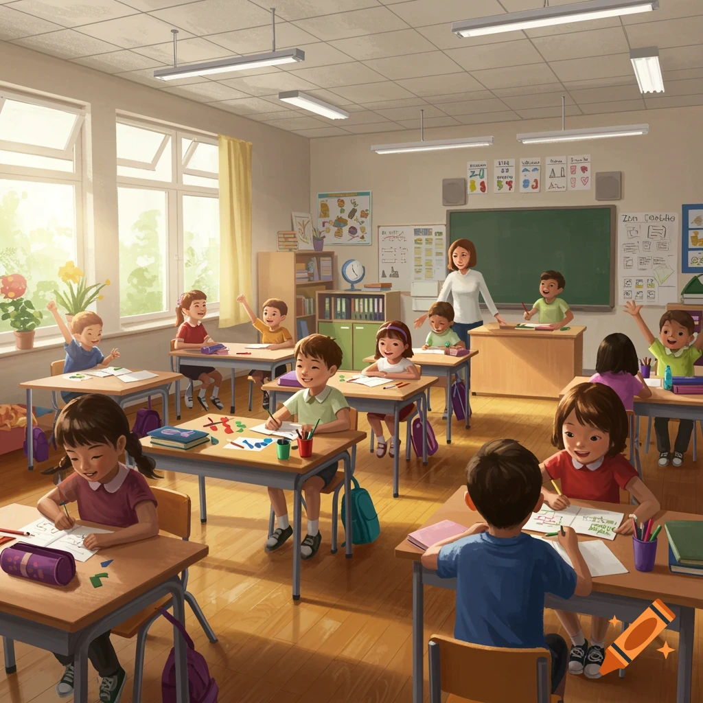 An illustration of a bright primary school classroom with a teacher and ...