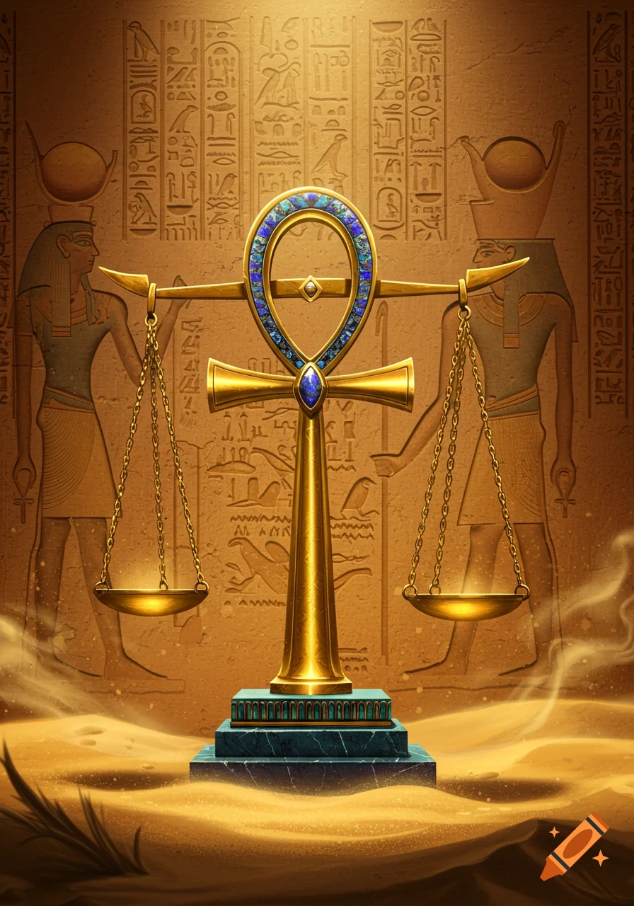 A teal and gold carved Egyptian ankh with hieroglyphs stands upright ...