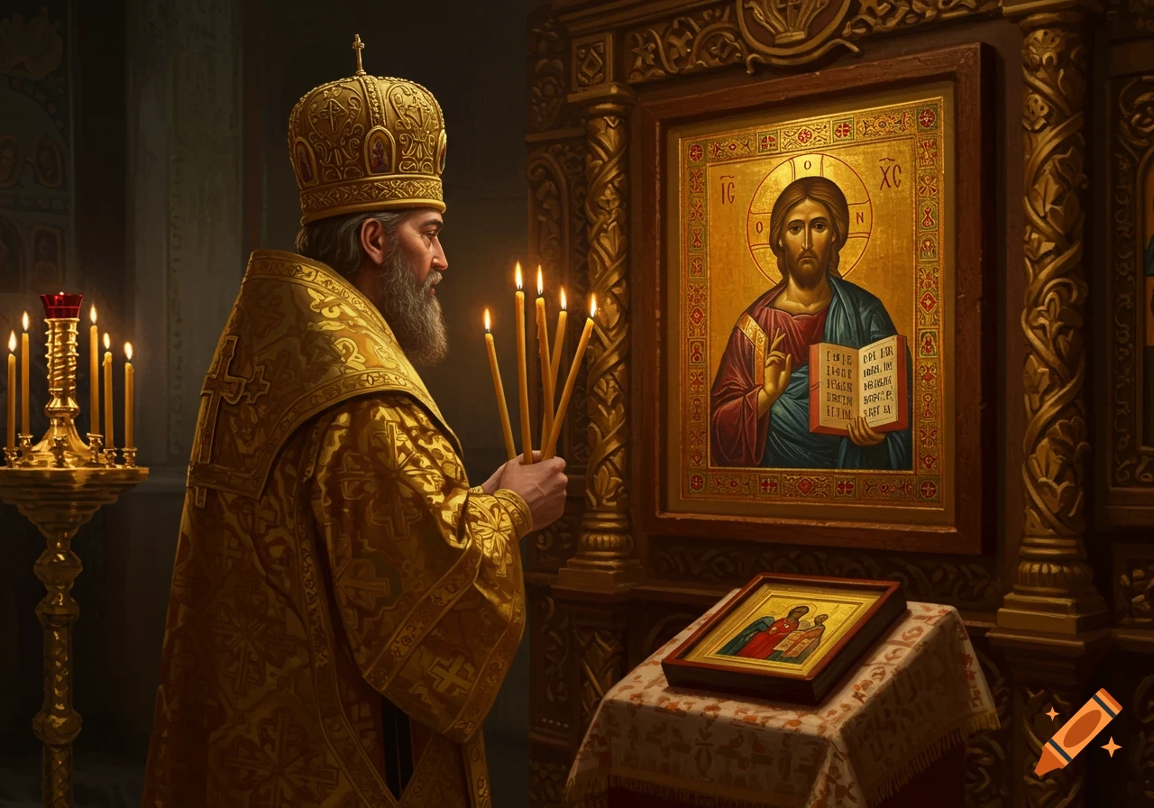 A Russian Orthodox bishop in ornate golden robes praying before a large ...