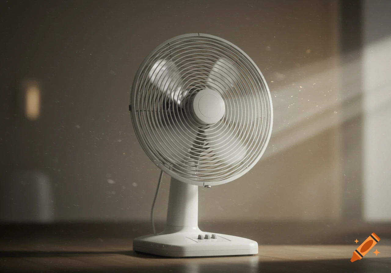 A white oscillating fan sits on a wooden floor, with sunlight rays ...