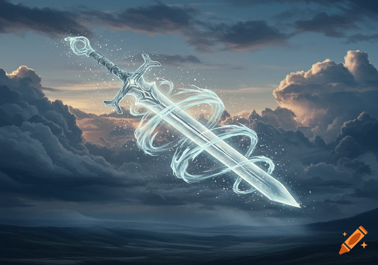 A magical, translucent water sword with swirling droplets floats ...