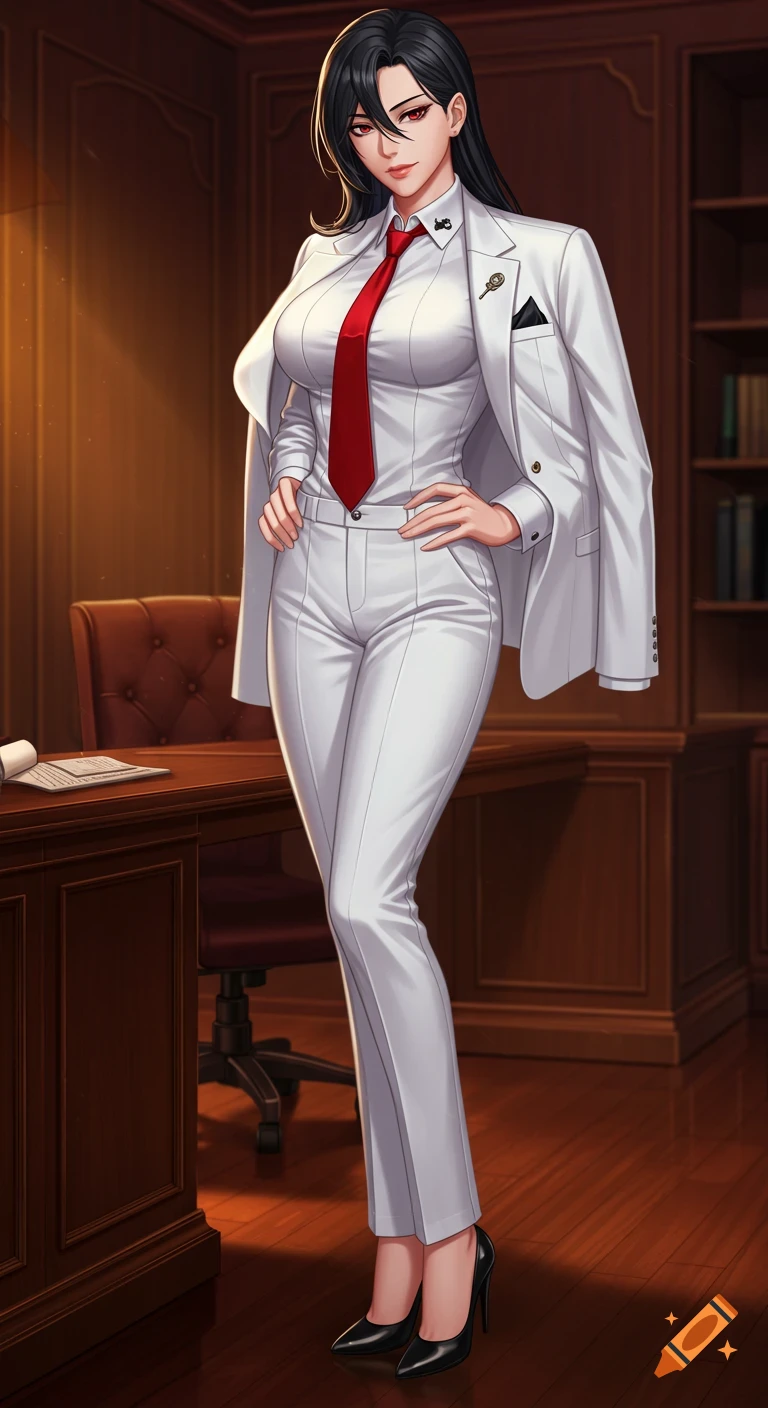 Anime-style businesswoman with long black hair and red eyes, wearing a ...