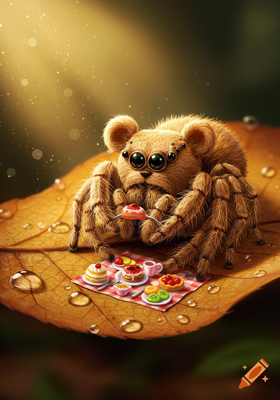 A fluffy spider-bear creature with multiple eyes has a miniature picnic ...