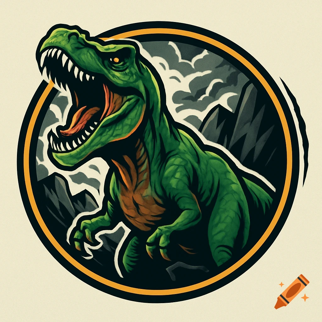 A green cartoon T-Rex roaring in a circular team logo design with ...