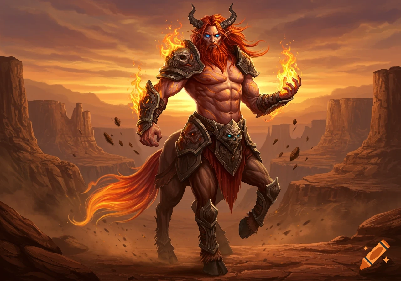 A muscular, red-haired, blue-eyed centaur with horns and fiery hands ...