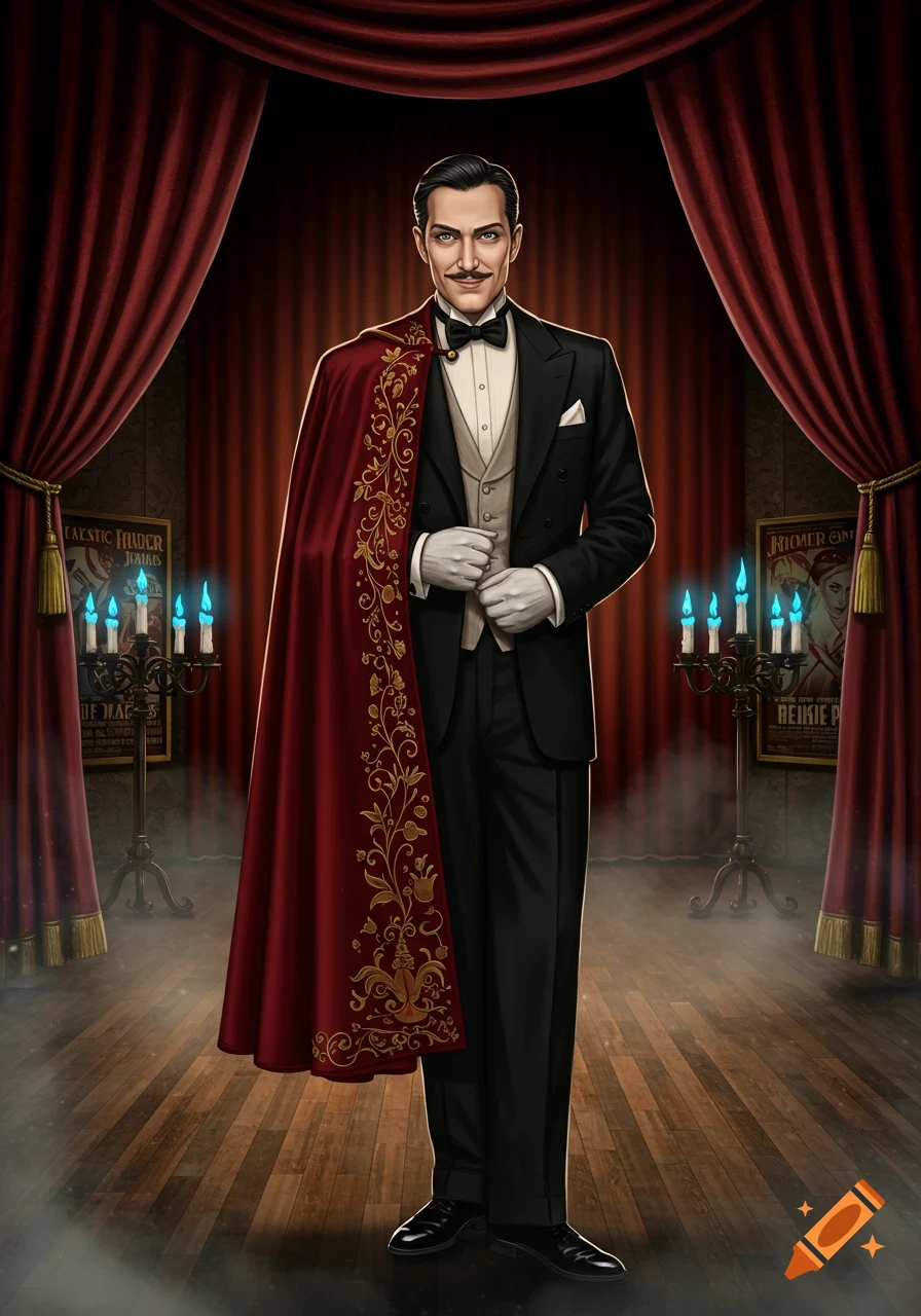 A man in a flowing red cape and suit sits on a toilet in a luxurious ...