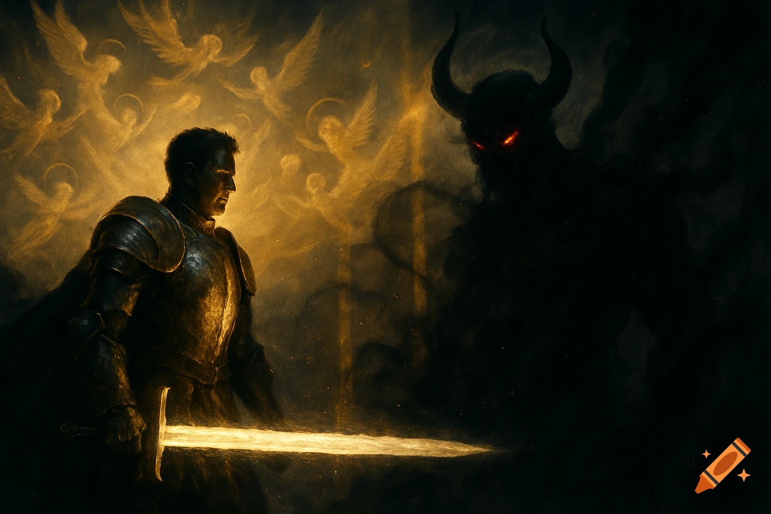 A vast army of horned devils marches from a burning gate into a hellish ...