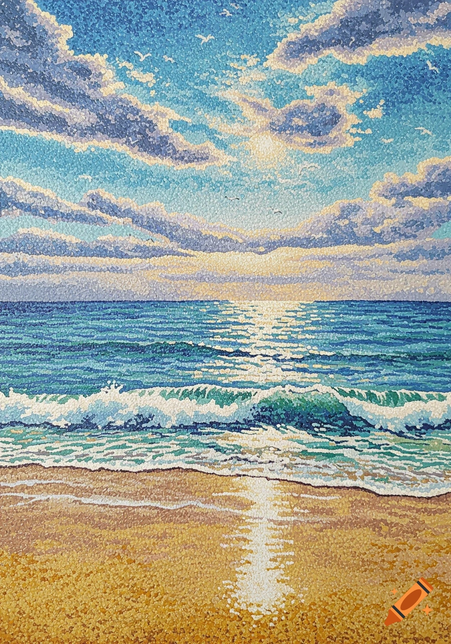 Pointillist painting of a sunny beach scene with blue ocean waves ...