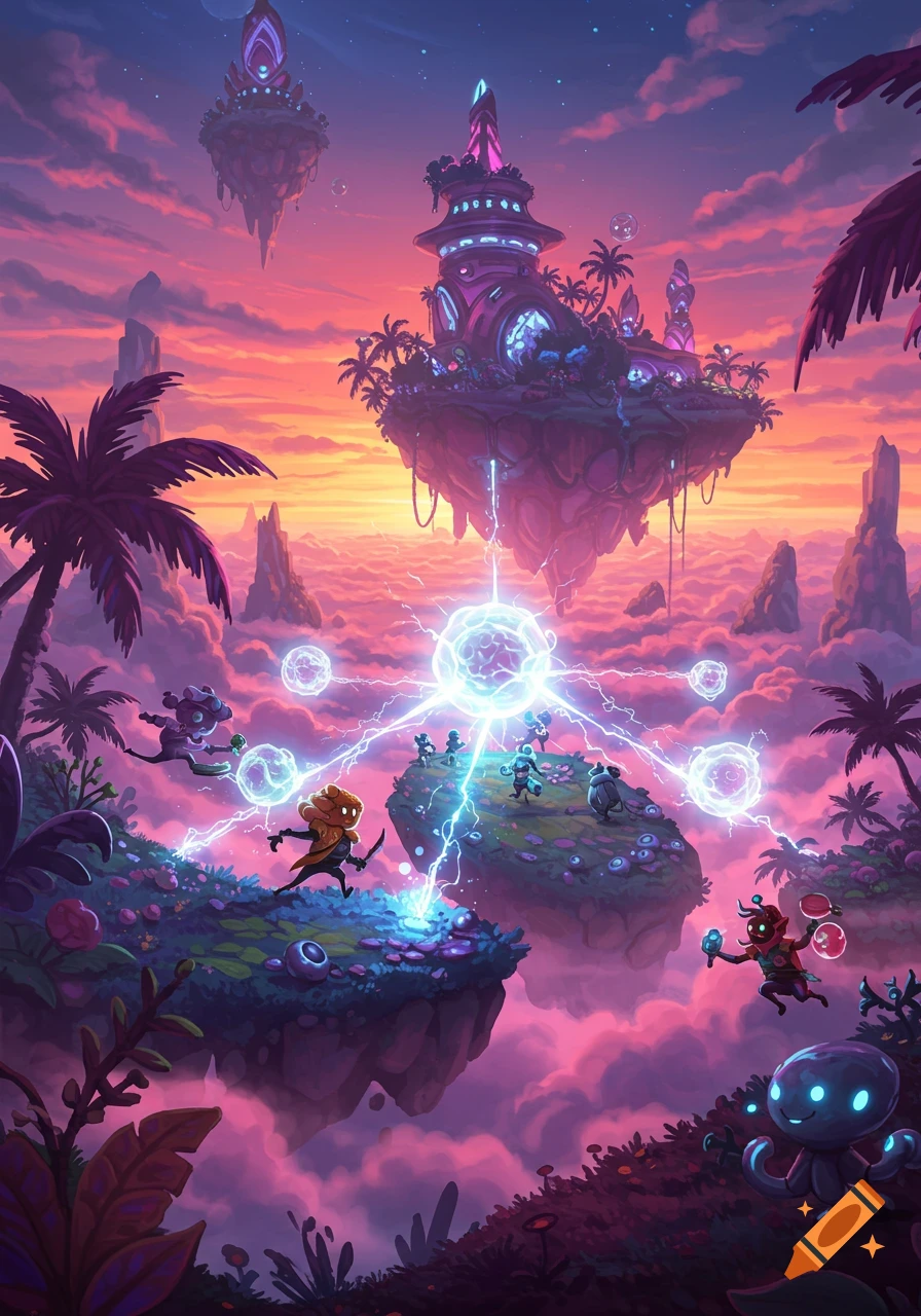 Wizards gather in a vibrant fantasy landscape with floating islands ...
