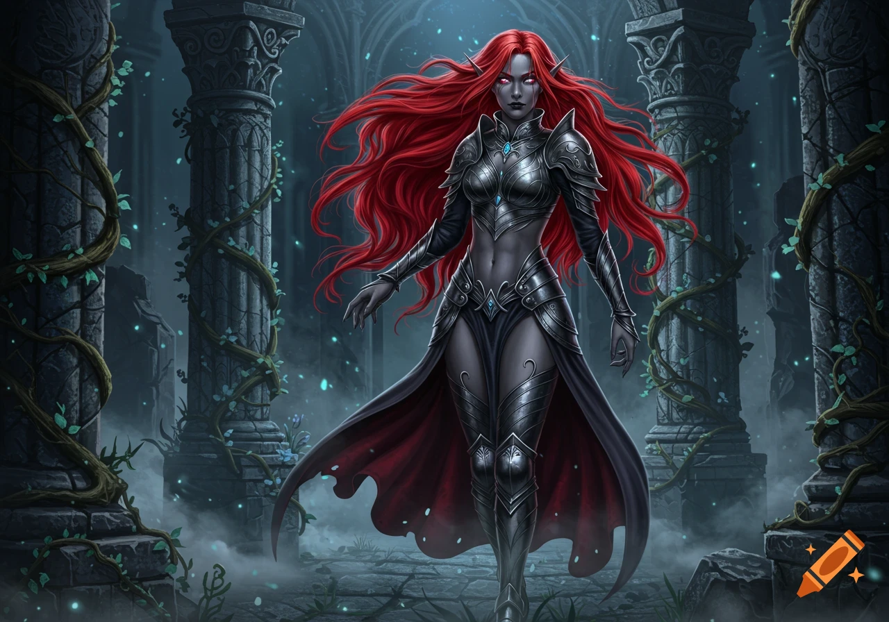Red-haired drow female in dark ornate armor stands in overgrown gothic ...