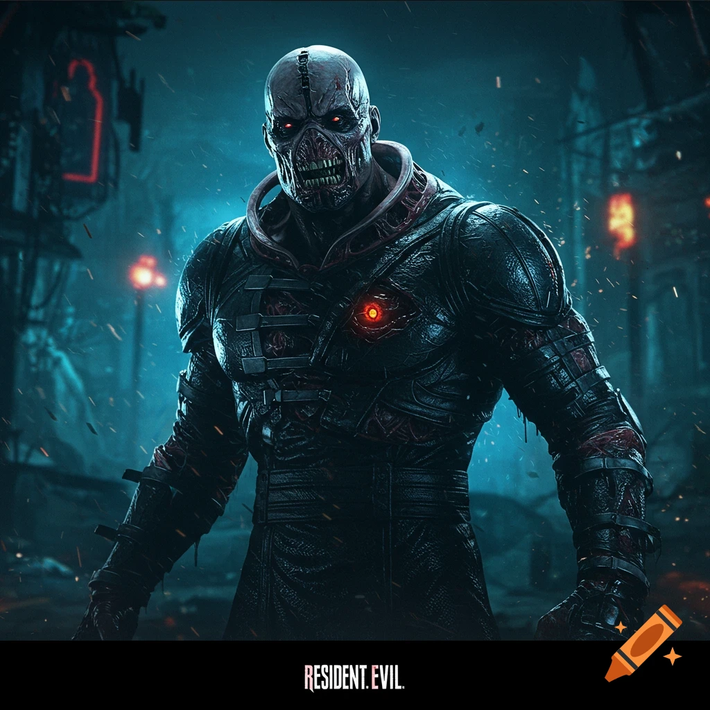 A terrifying, muscular, zombie-like creature with glowing red eyes and ...