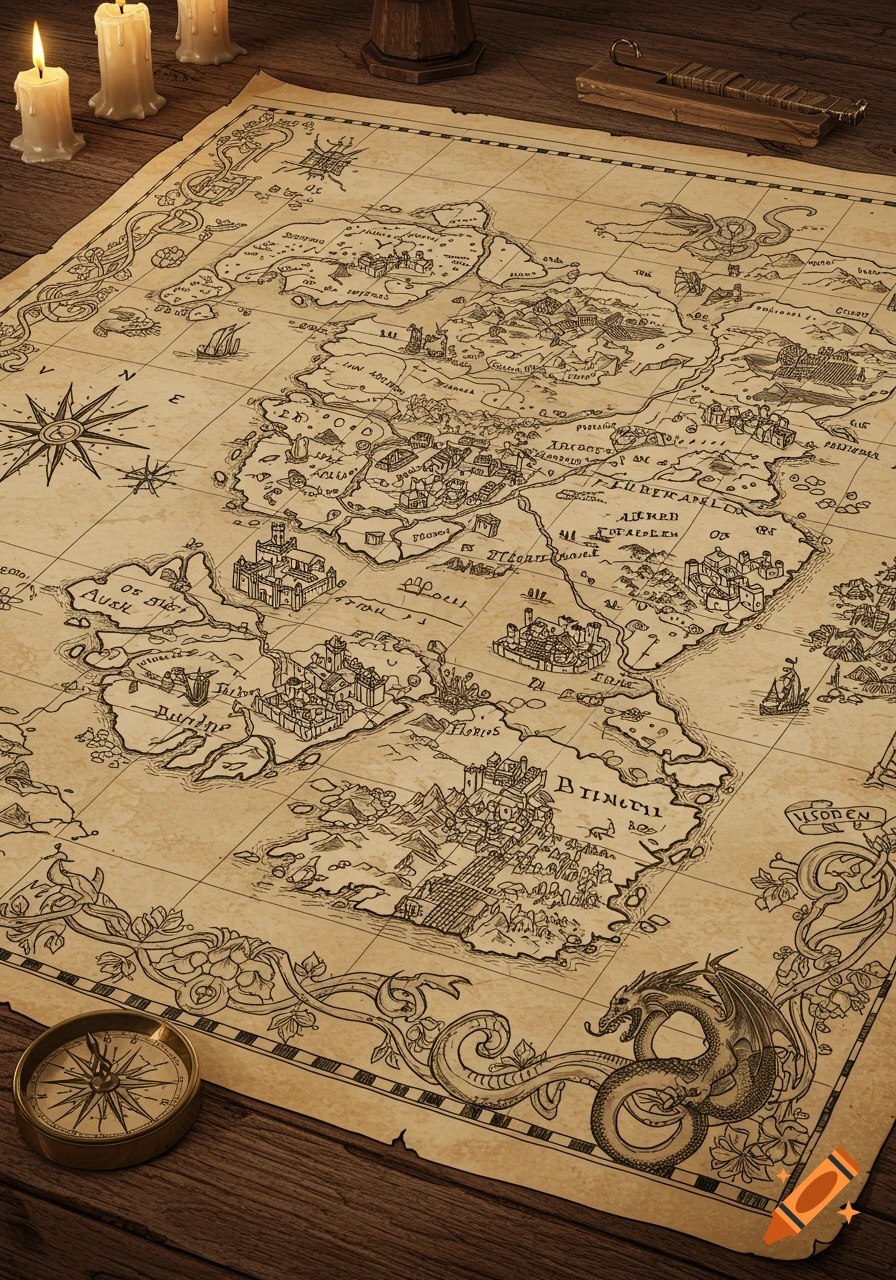 An aged fantasy map on a wooden table with a brass compass, magnifying ...