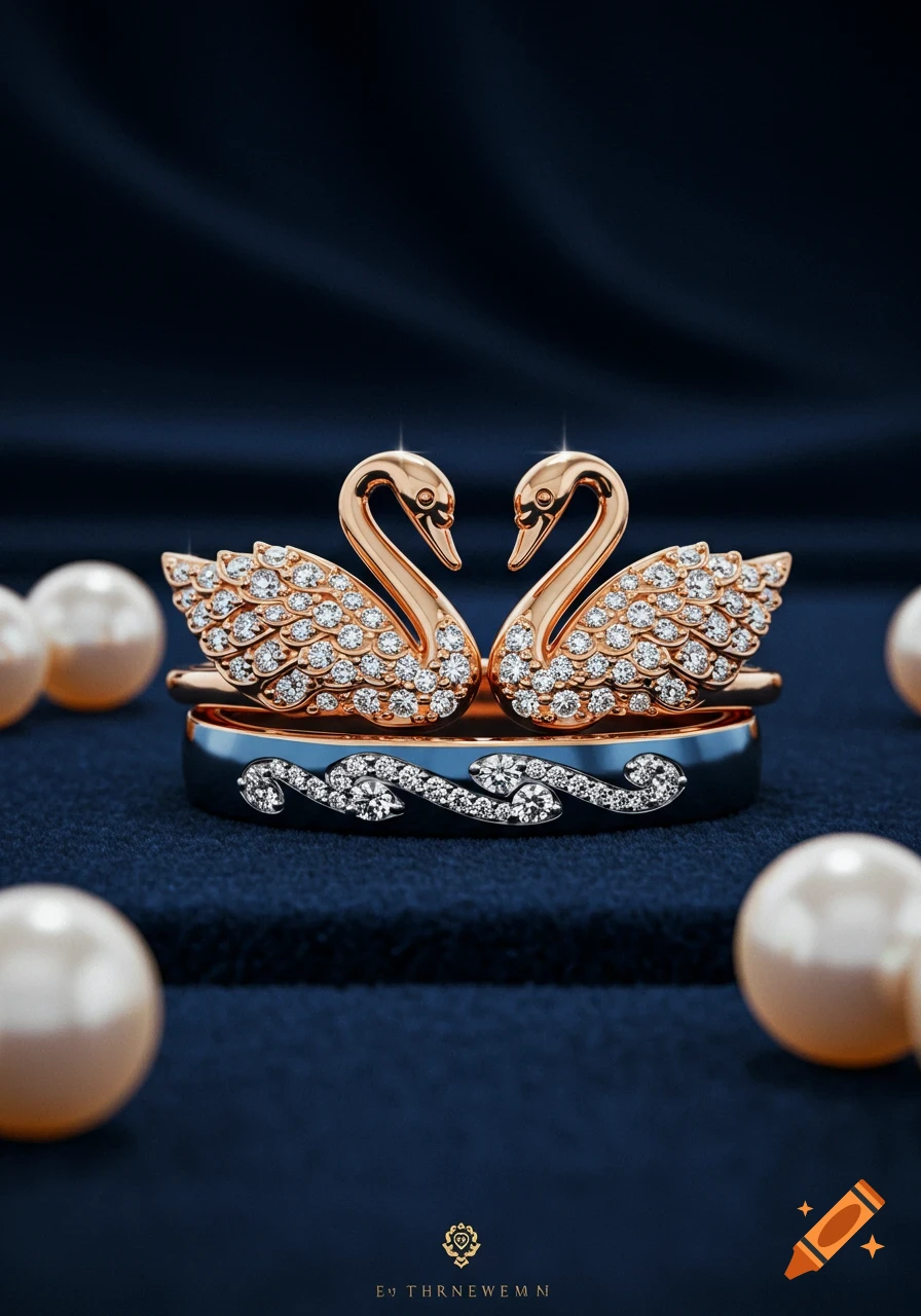 Photorealistic image of two rose gold swan rings adorned with diamonds ...